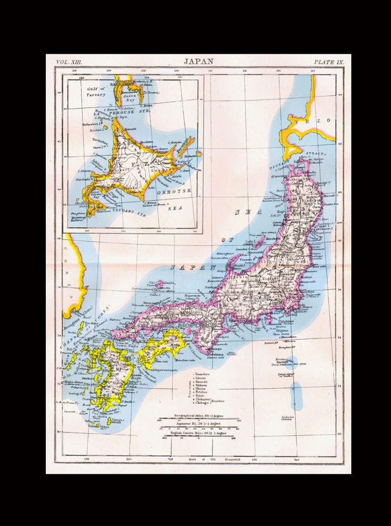 Japan Map Antique Copper Engraving Asian Cartography 1892 Vintage ...