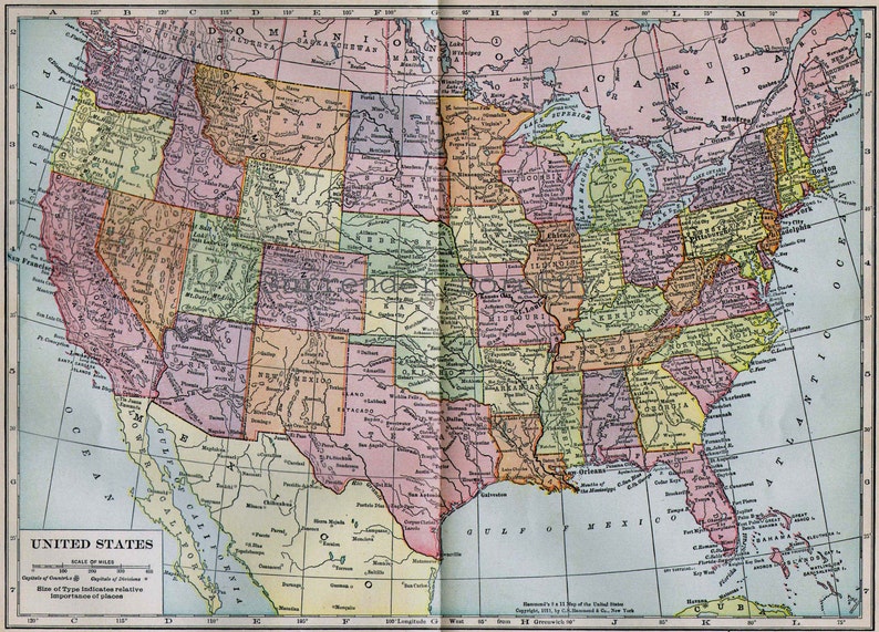 United States Map 1906 Vintage Edwardian Antique Hand Colored - Etsy