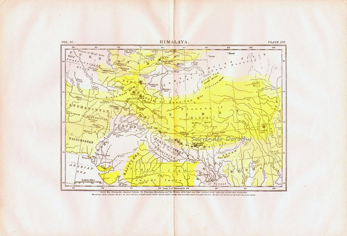Tibet Himalaya Map Antique Copper Engraving Asian Cartography 1892 ...