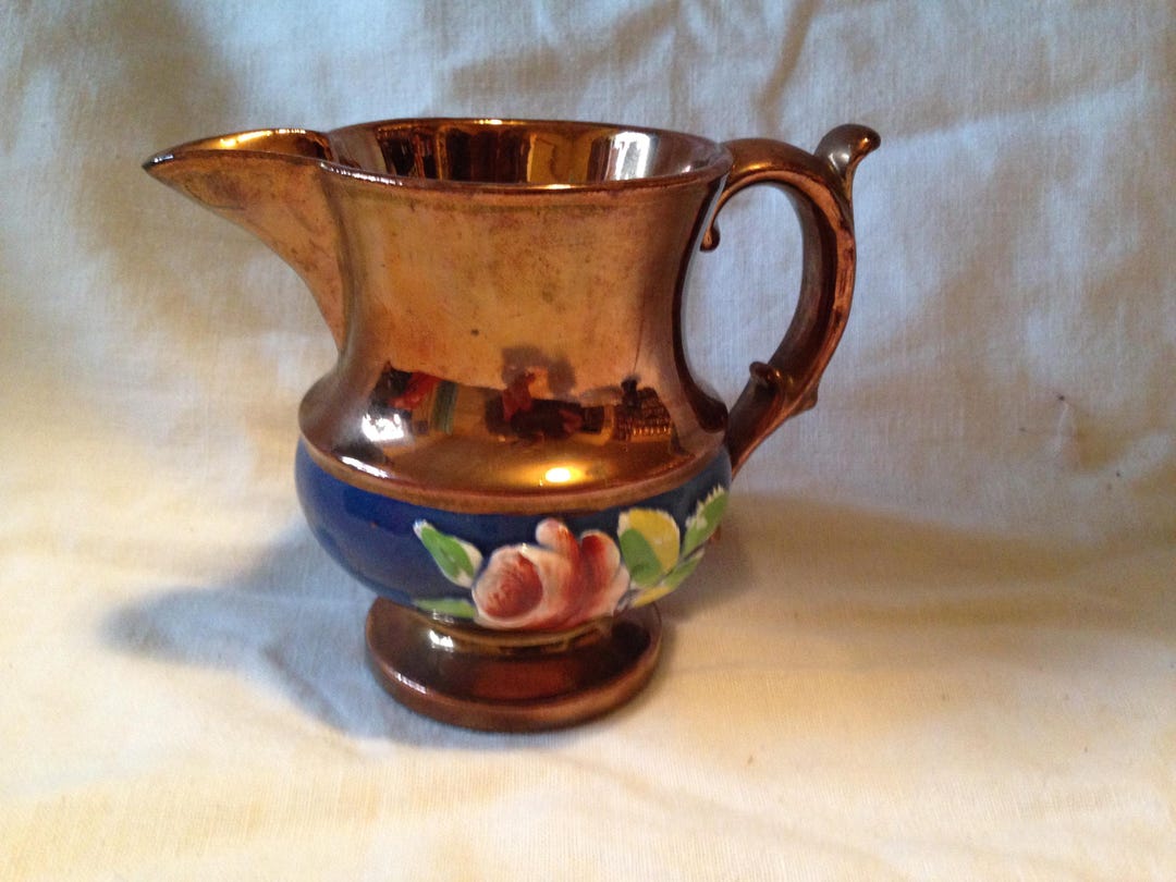 Antique Staffordshire English Copper Luster Ware Pitcher Blue Pink ...