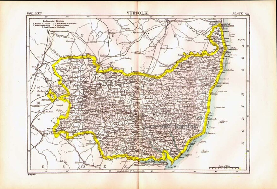 Suffolk County England Map Antique Copper Engraving Vintage European ...