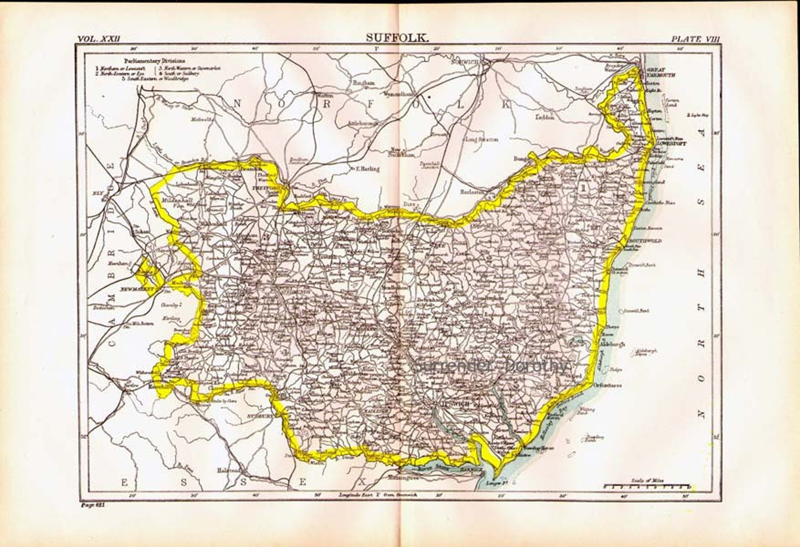 Suffolk County England Map Antique Copper Engraving Vintage European ...