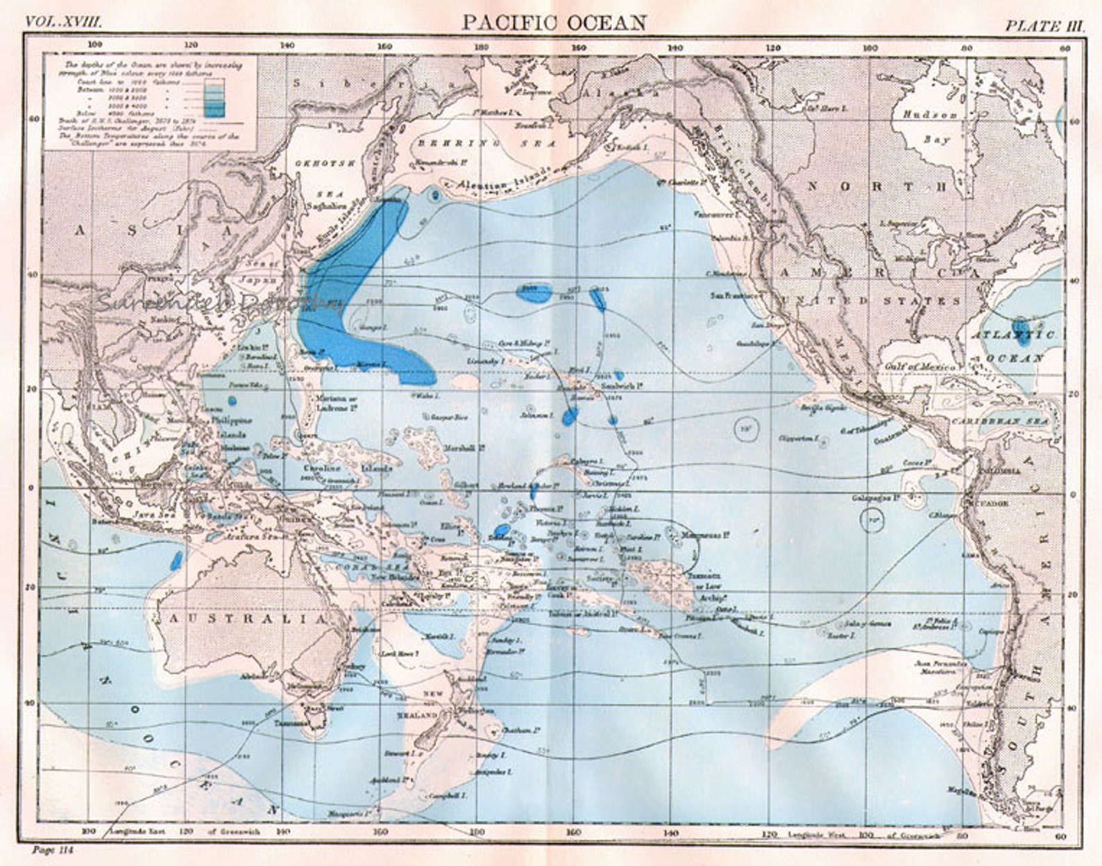 Pacific Ocean Showing Depths 1892 Vintage Victorian Antique Copper ...