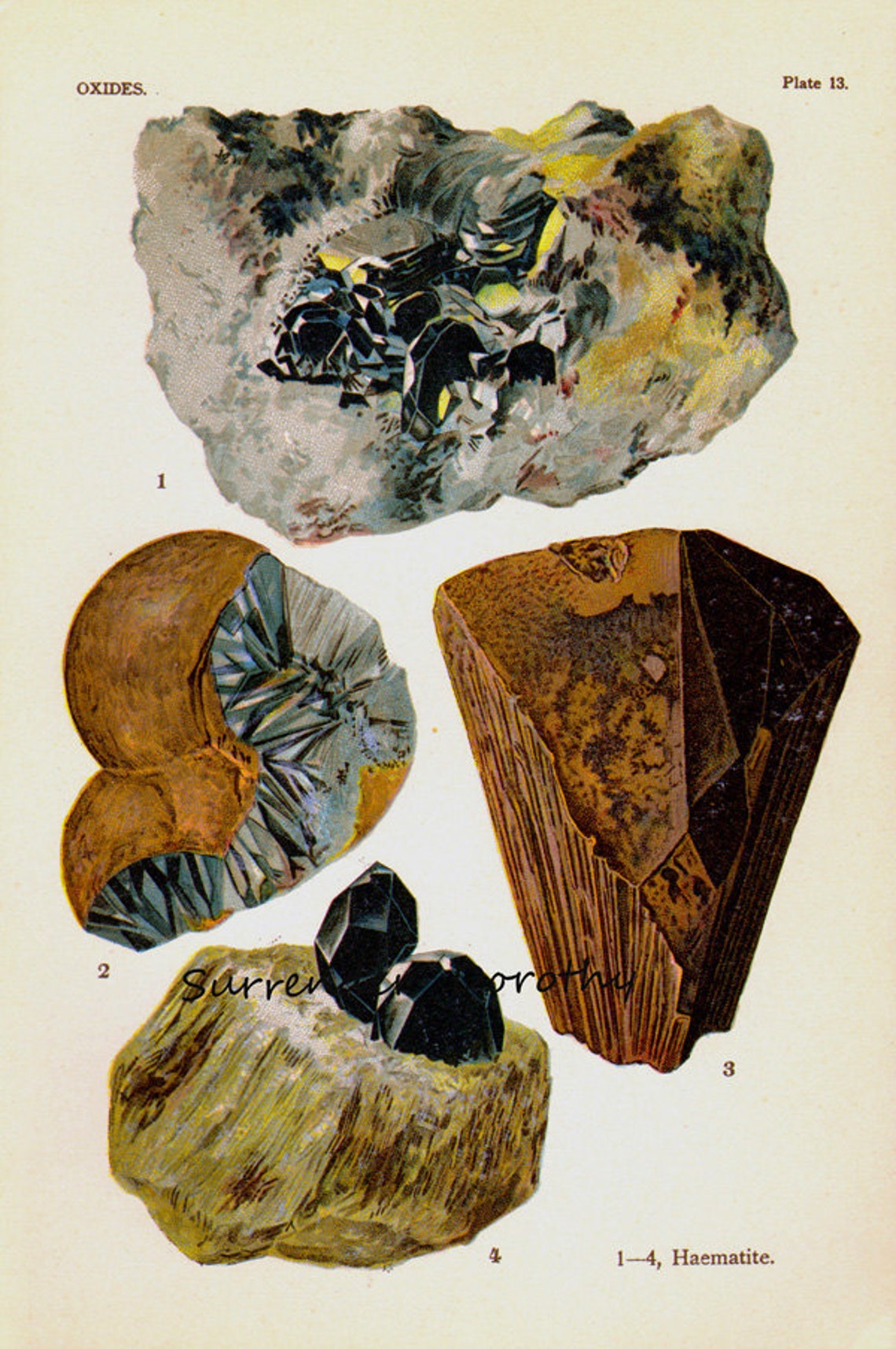 Hematite or Haematite Iron Ore Crystal Stone Mineral Vintage Lithograph ...