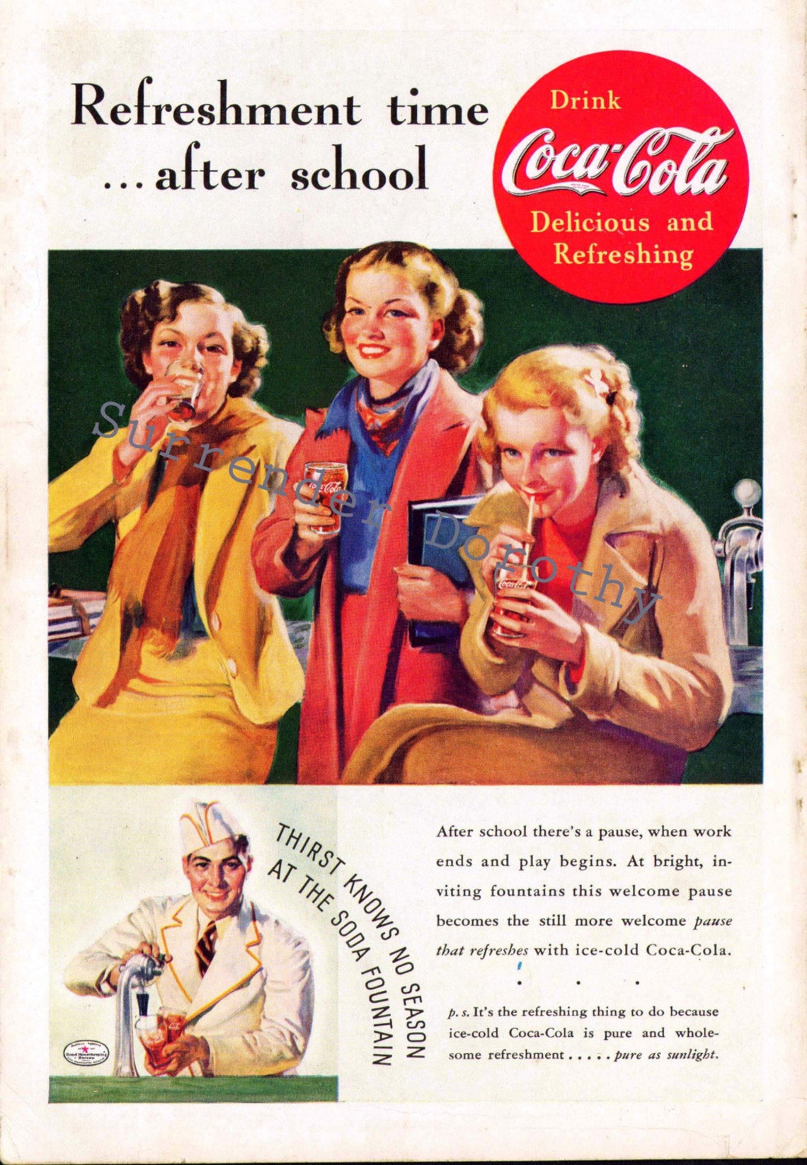 Coca Cola Advertisement Girl's Refreshment Time After | Etsy