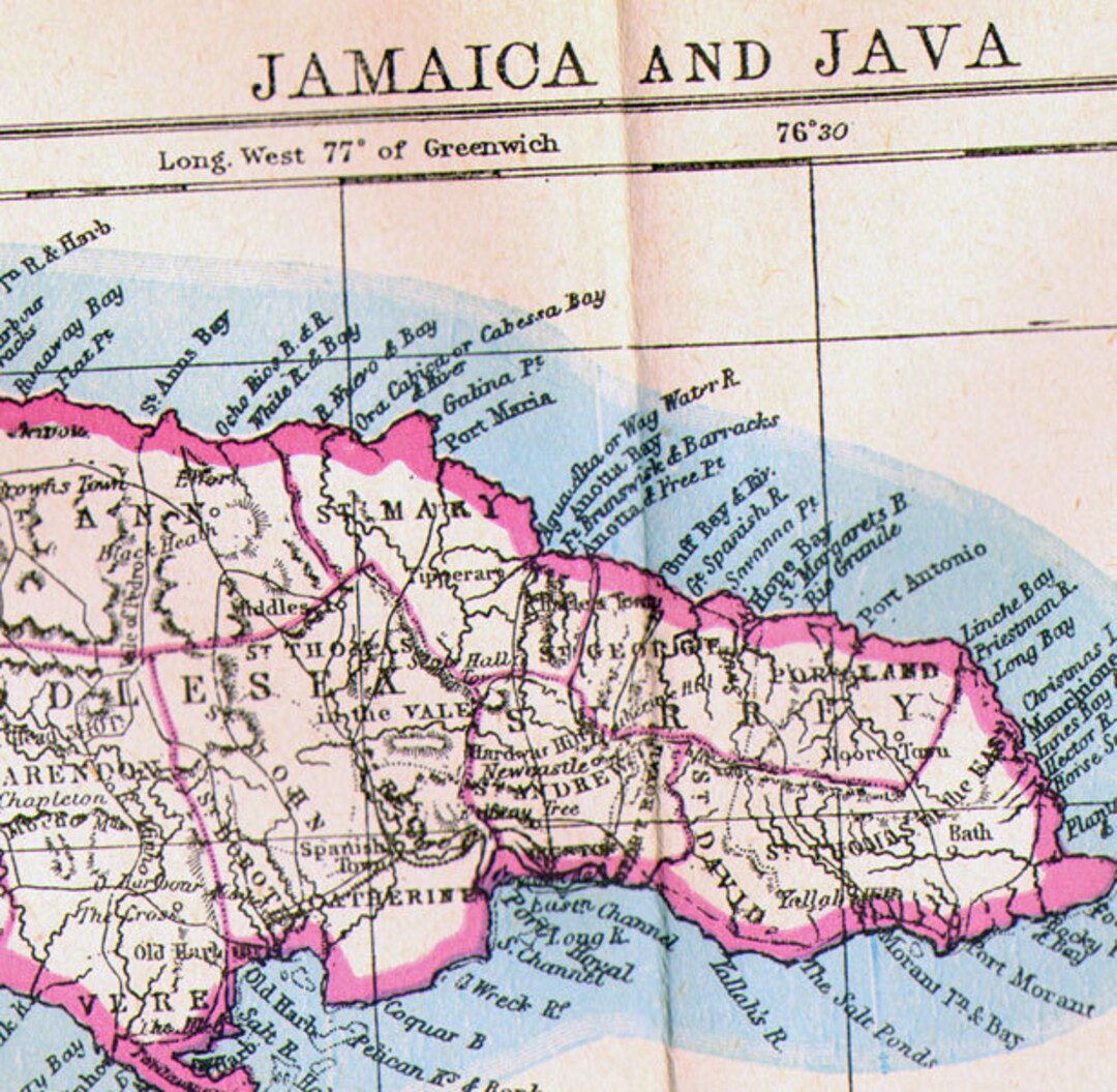 Jamaica Java Bali Island Map Antique Copper Engraving Vintage ...