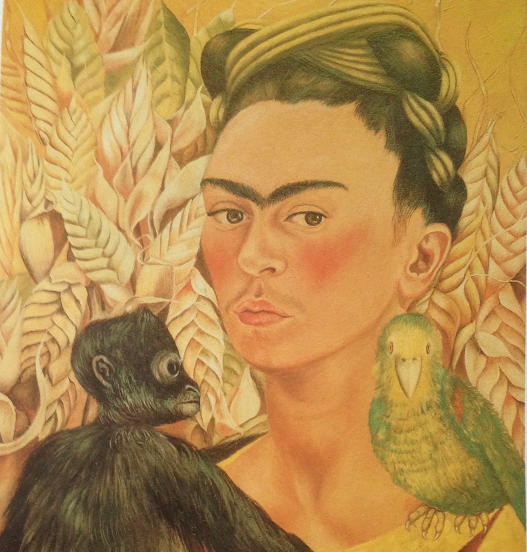 Frida Kahlo Self Portrait With Monkey and Parrot 1942 Vintage Art ...