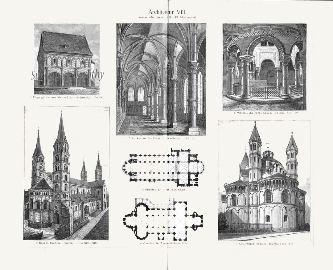 Romanesque Architecture Greece Italy Edwardian Era 1906 Steel Engraving ...