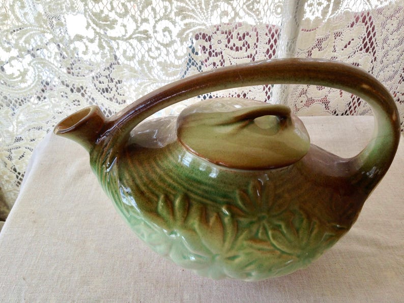 Vintage Mccoy Teapot Art Pottery Green & Brown Daisy Aladdin With Lid ...