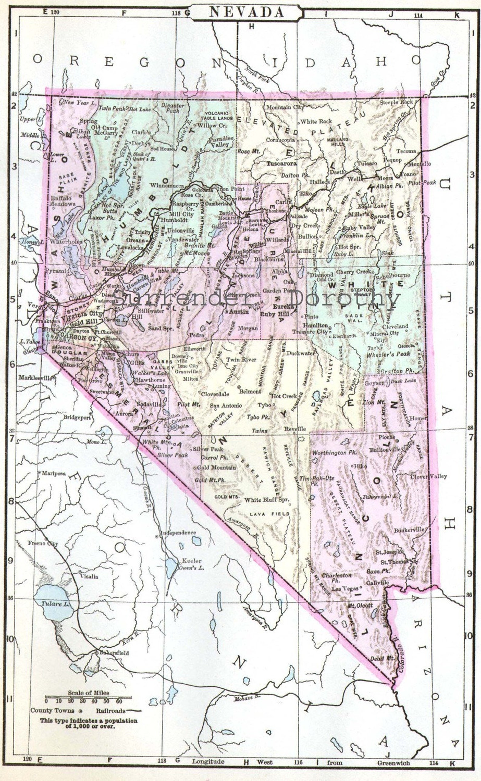 Nevada Map United States USA 1896 Antique Victorian Copper Engraved ...