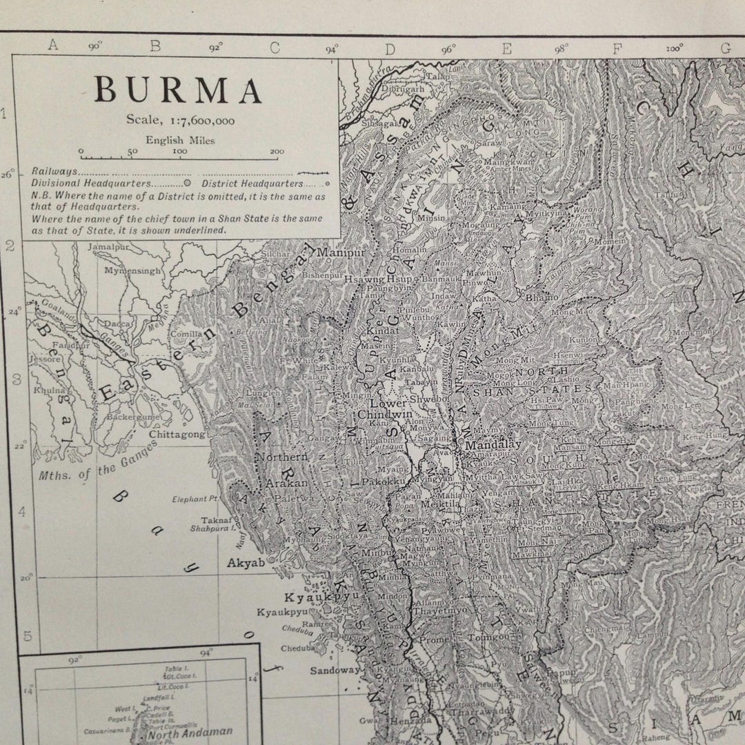 Myanmar Burma Map 1910 Vintage Edwardian Steel Engraving Cartography to ...