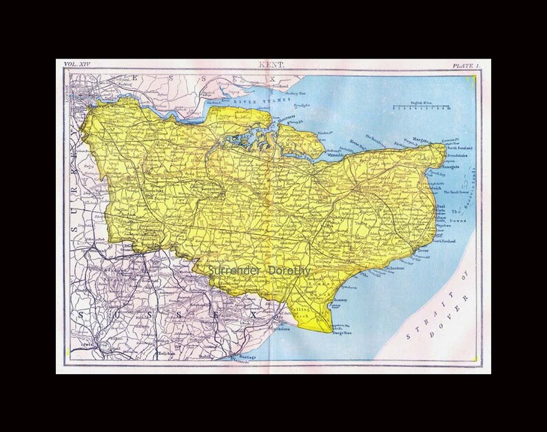 Kent County England Map Antique Copper Engraving Vintage European ...