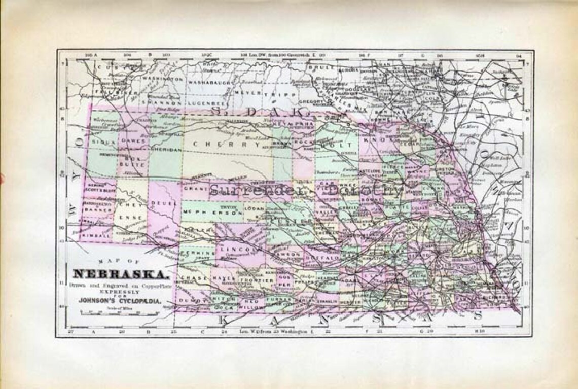 Nebraska USA State Map 1896 Antique Victorian Copper Engraving Vintage ...