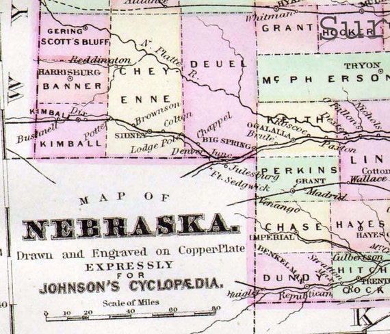 Nebraska USA State Map 1896 Antique Victorian Copper Engraving | Etsy