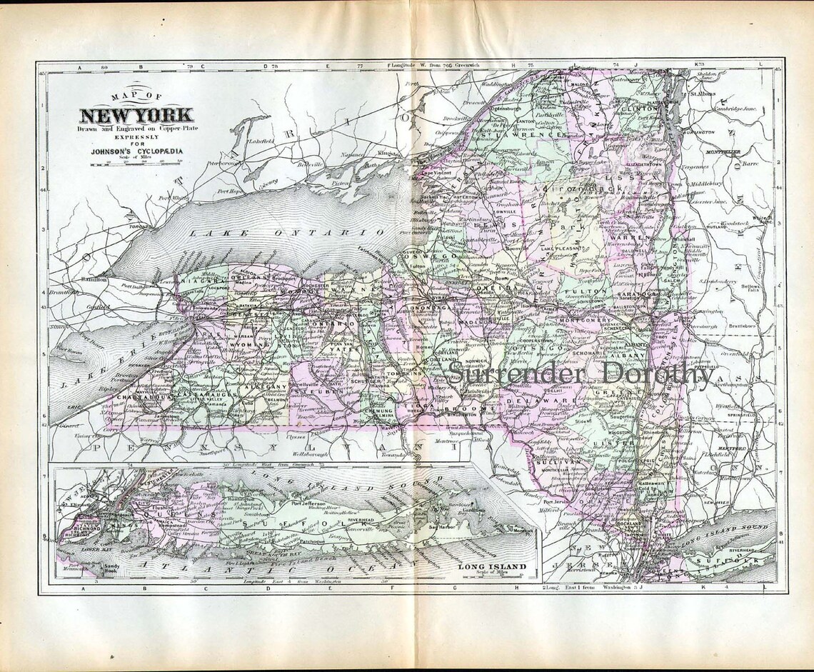 New York Map United States Large 1896 USA Vintage Victorian | Etsy