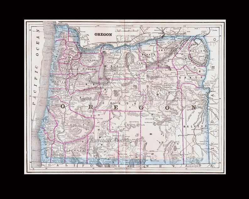 Oregon Map USA State Large Antique Copper Engraving Vintage North ...