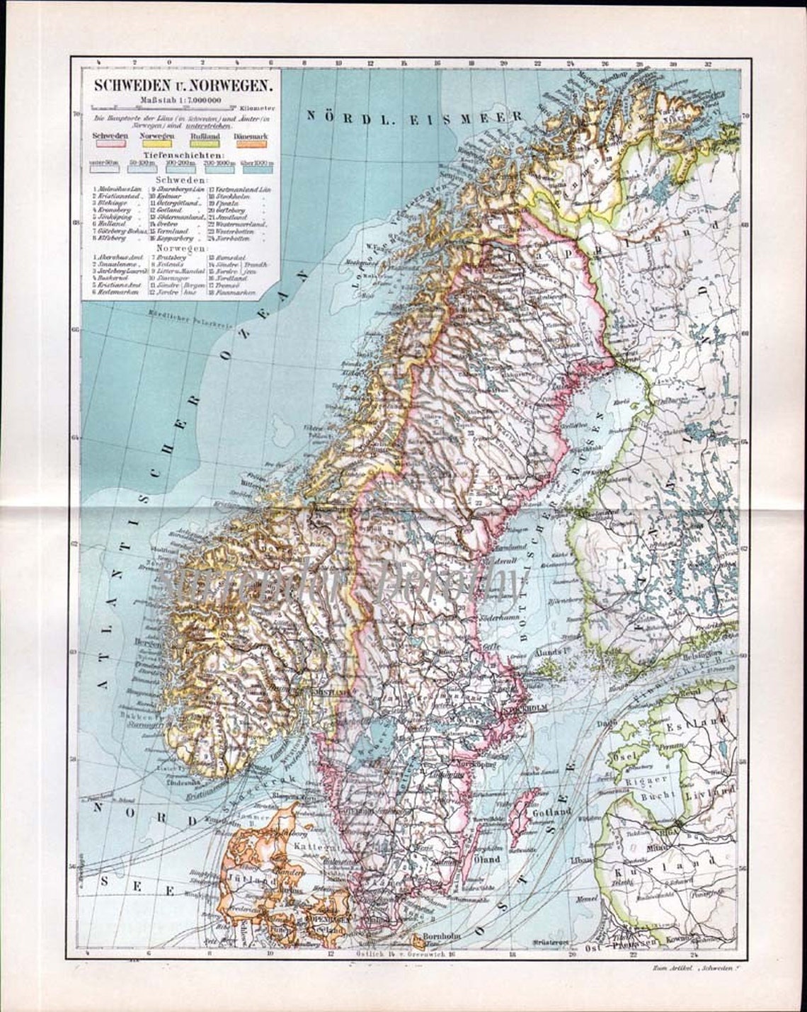 Norway Sweden Map Antique Edwardian Vintage 1906 European Cartography ...