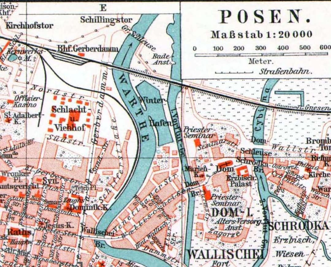 Posen Poland Map 1906 Prussia Vintage Steel Engraving European City ...