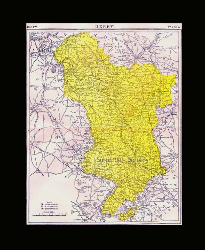 Derby County England Map Antique Copper Engraving Vintage European ...