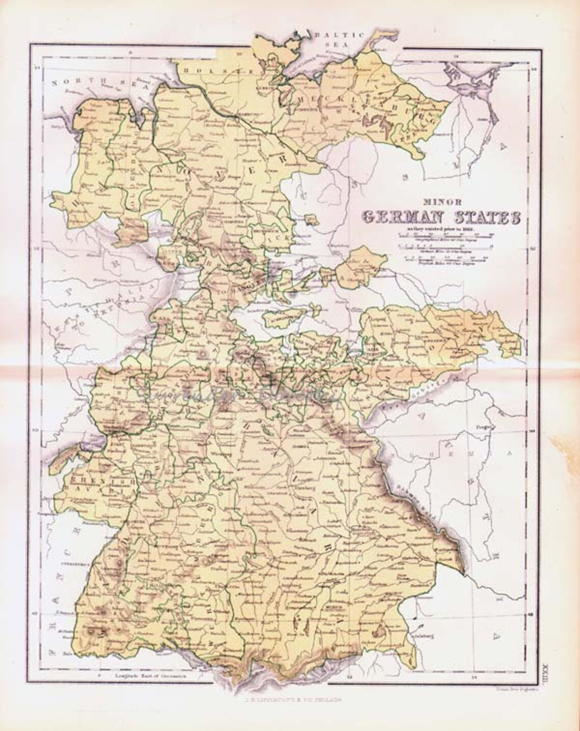 Germany States Map 1871 Vintage Victorian Lippencott Antique Copper ...