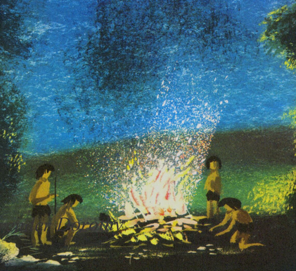 Caveman Bonfire Vintage Children's Natural History Color Lithograph ...