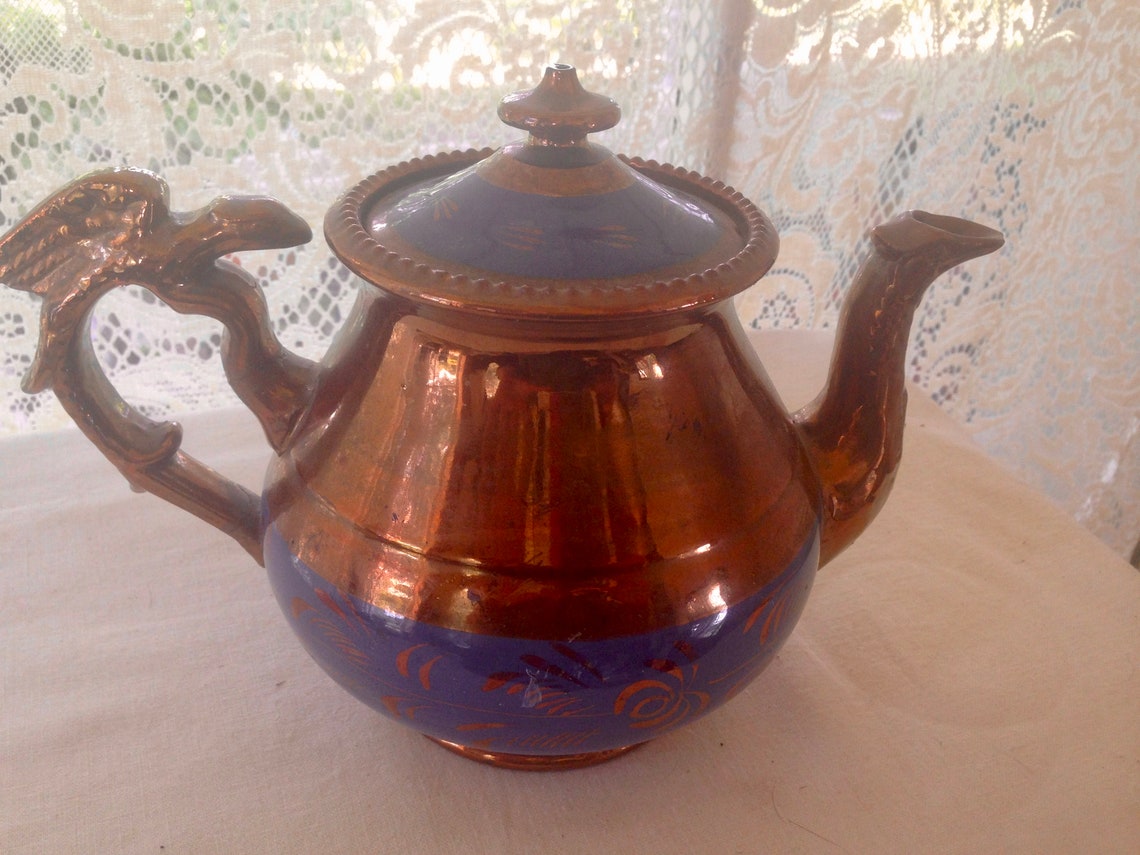 Copper Luster Lustre Teapot England Blue Band Griffin Handle | Etsy