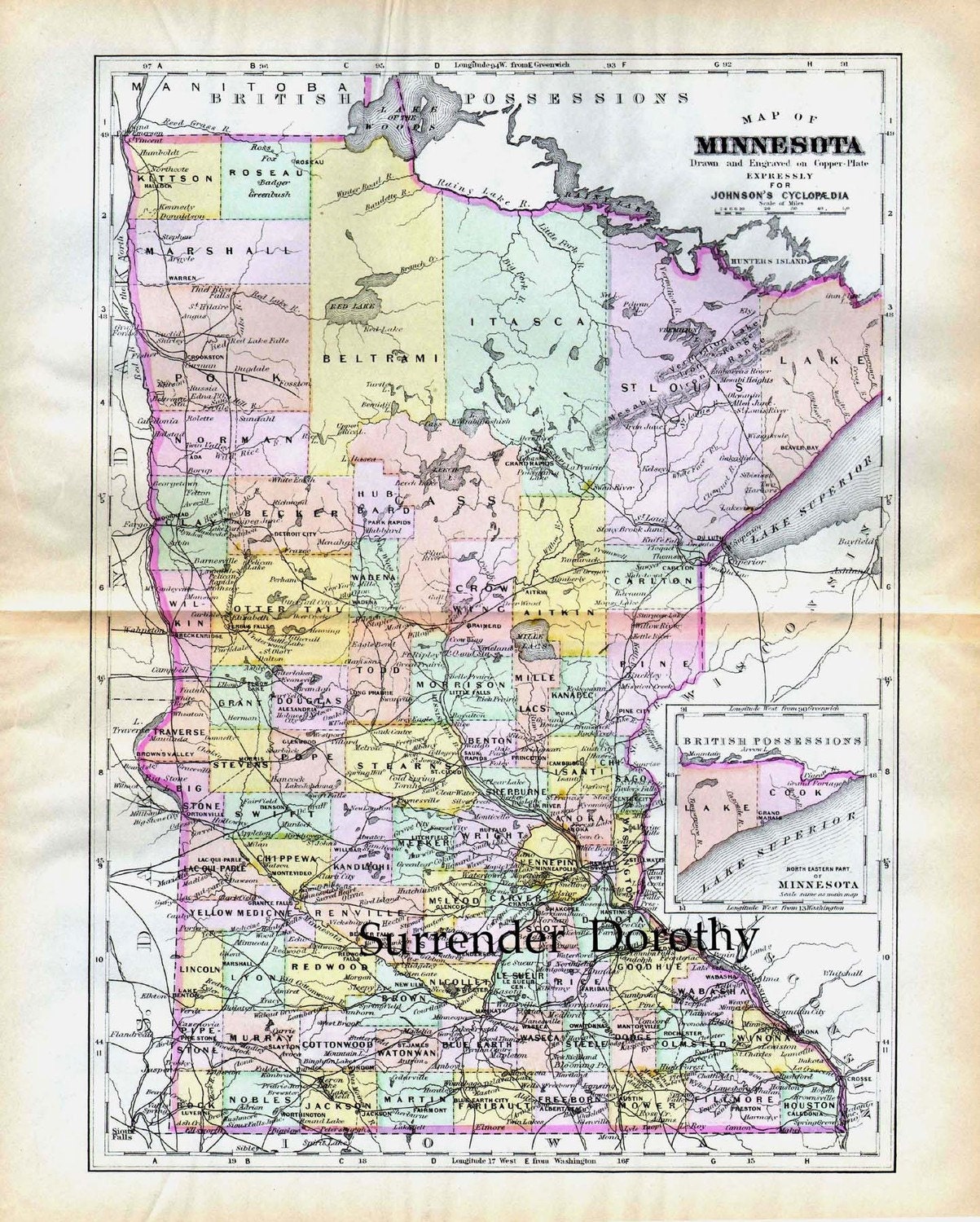 Minnesota USA State Map 1896 Vintage Victorian Antique Copper Engraving ...