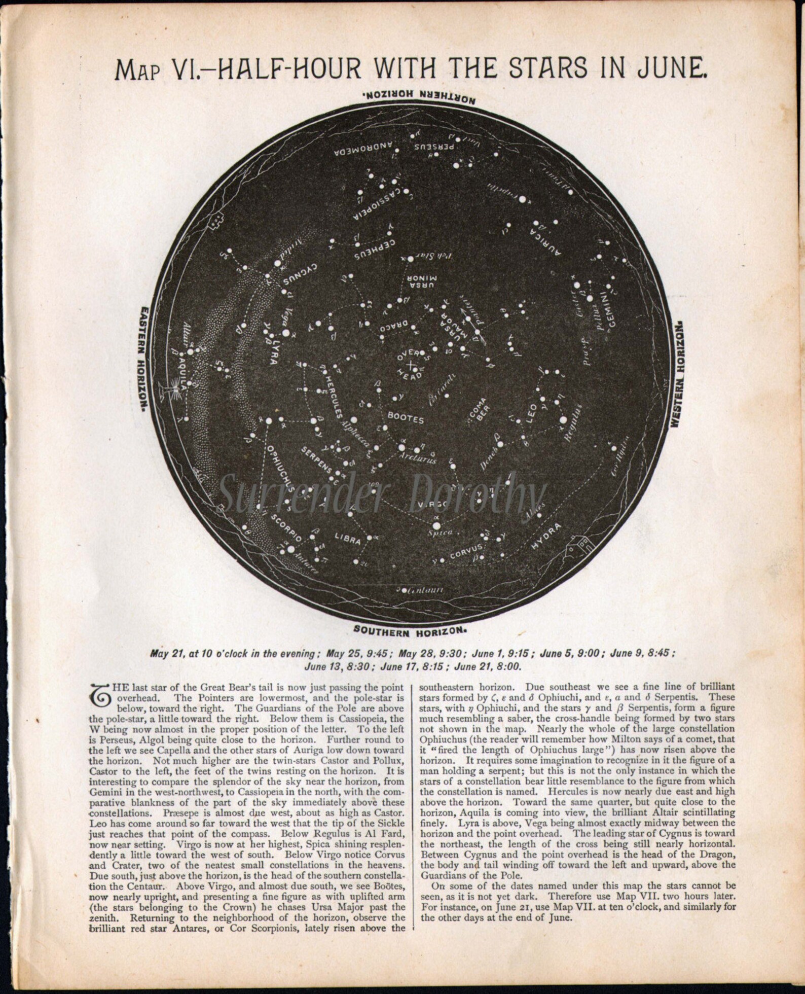 Star Chart for June and July 1886 Antique Astronomy Astrology Print to ...