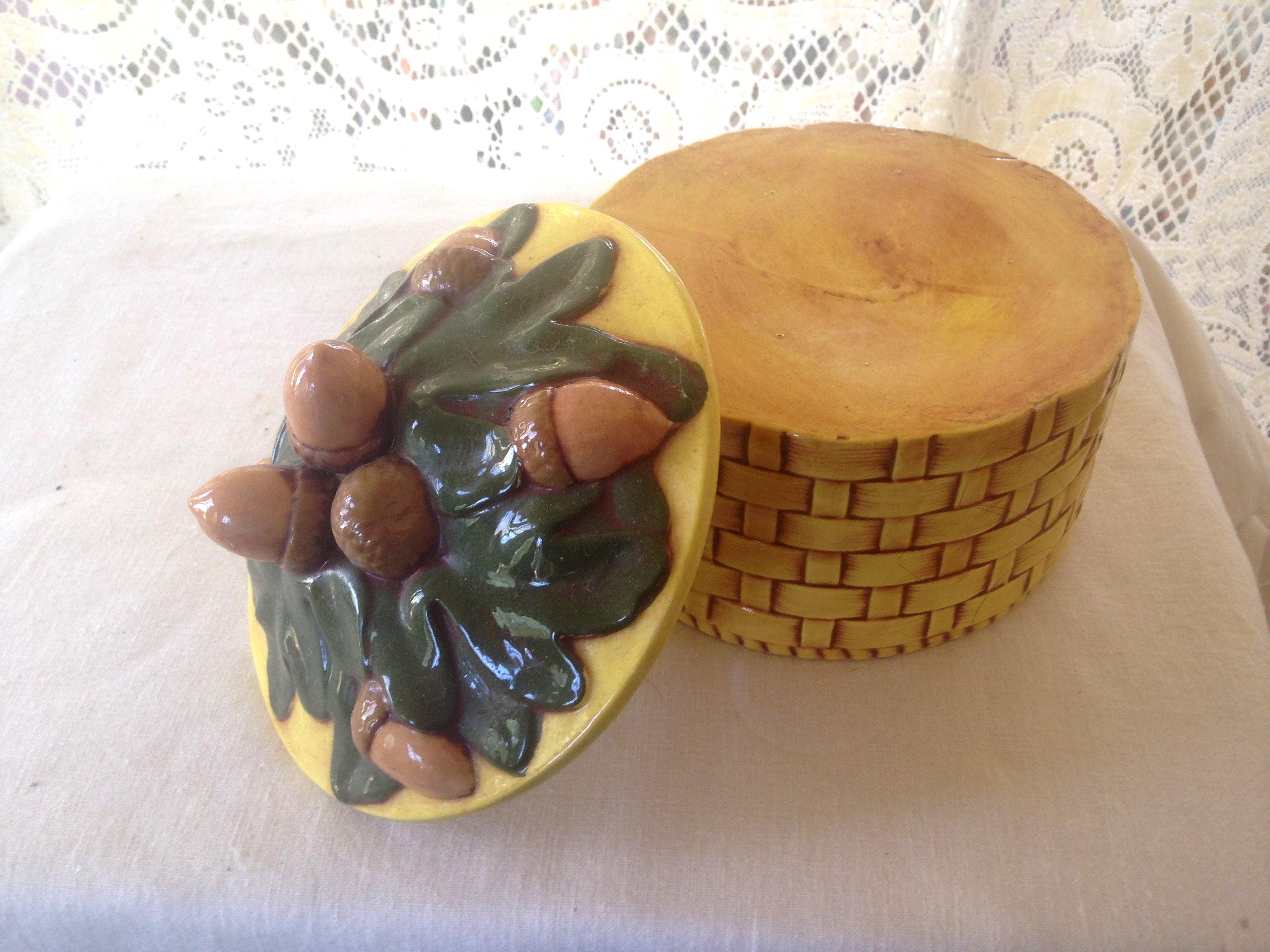 Golden Acorn Covered Ceramic Canister Stash Pot Cute Vintage Kitchen ...