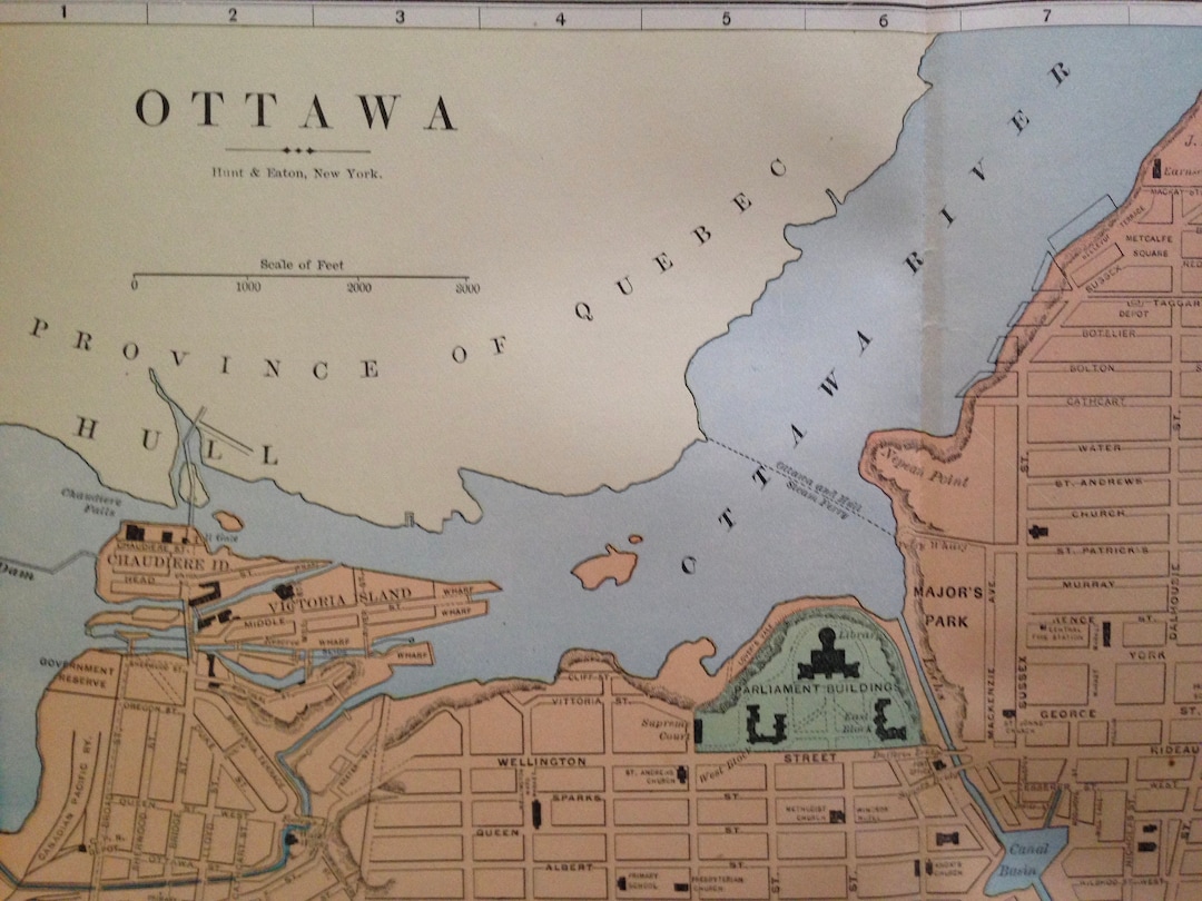Ottawa Canada Map 1890 Vintage Victorian Antique Copper Engraving City ...