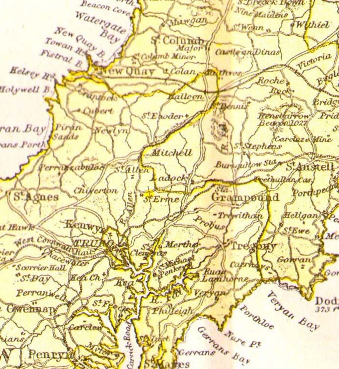 Cornwall County England Map Antique Copper Engraved European ...