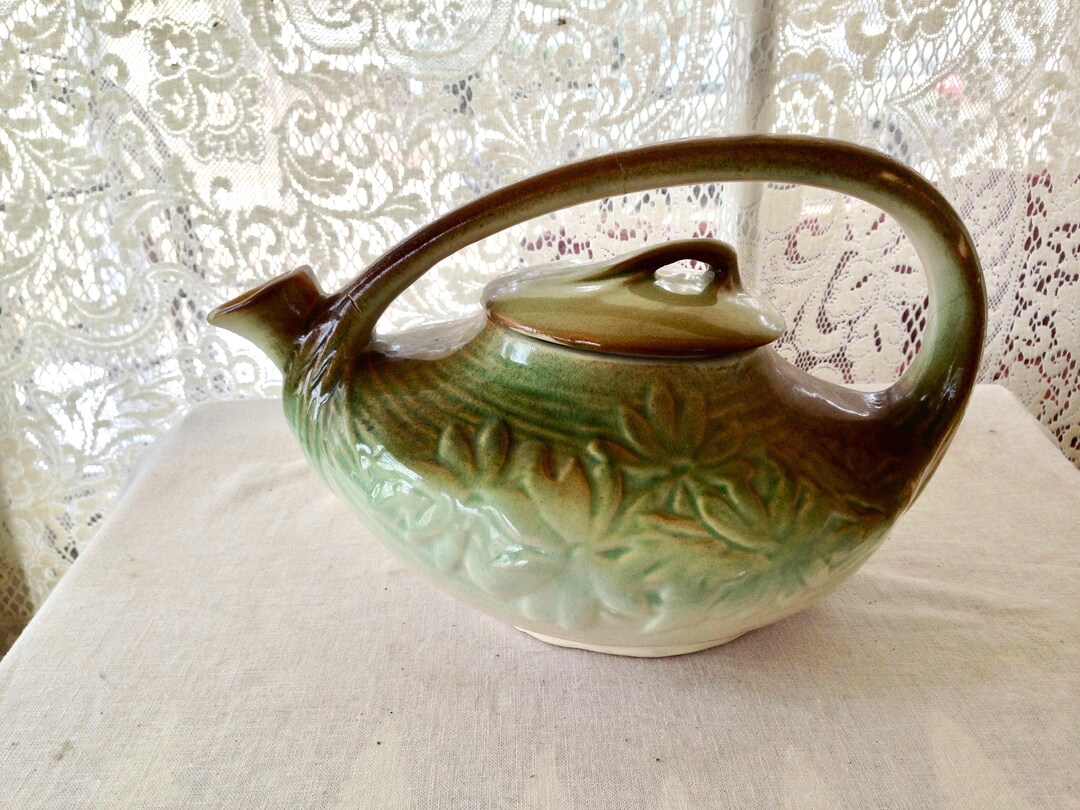 Vintage Mccoy Teapot Art Pottery Green & Brown Daisy Aladdin With Lid ...