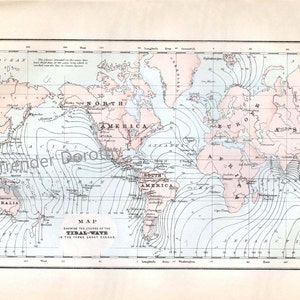 1896 World Map Showing Tidal Waves Vintage Victorian Era Copper ...