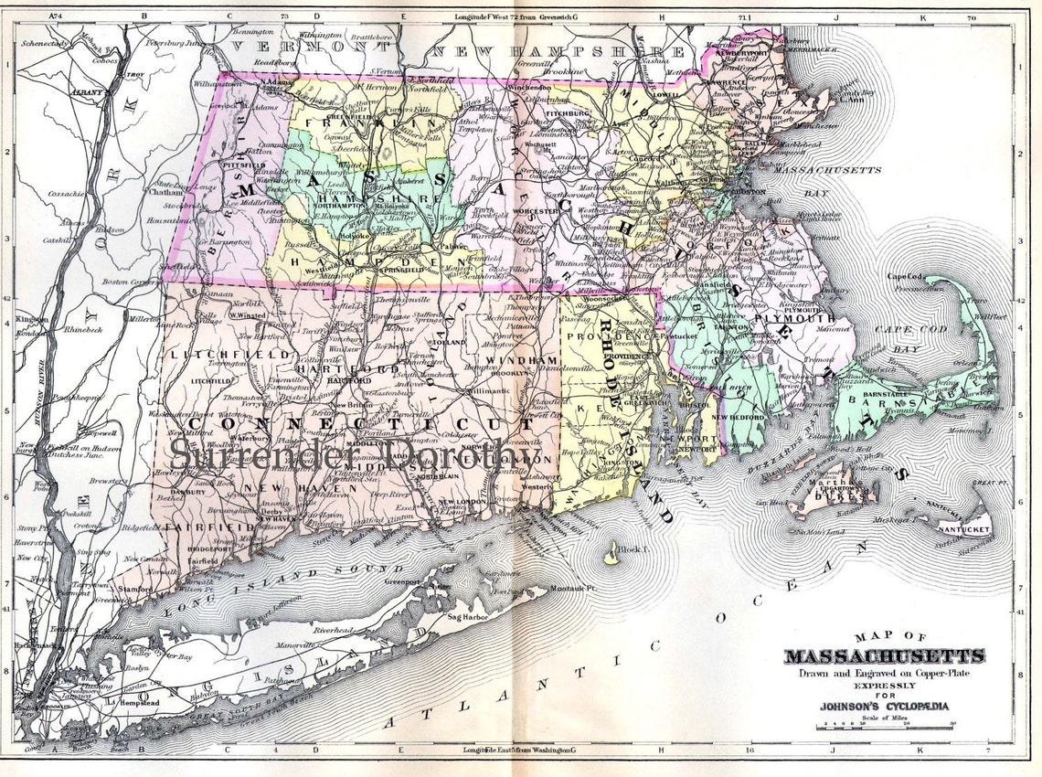 Massachusetts Connecticut Rhode Island Map 1896 Vintage Copper - Etsy