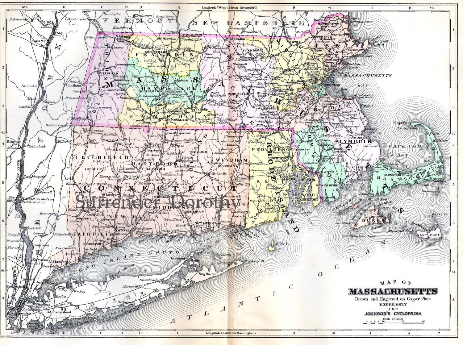 Massachusetts Connecticut Rhode Island Map 1896 Vintage Copper - Etsy