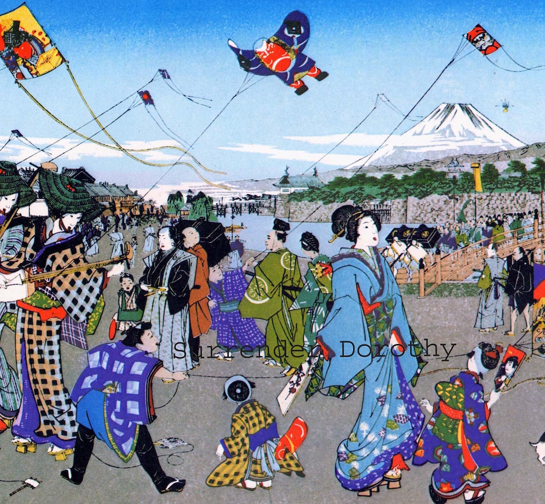 Japanese Children Fly Kites Poster Eighteenth Century Woodcut Color ...