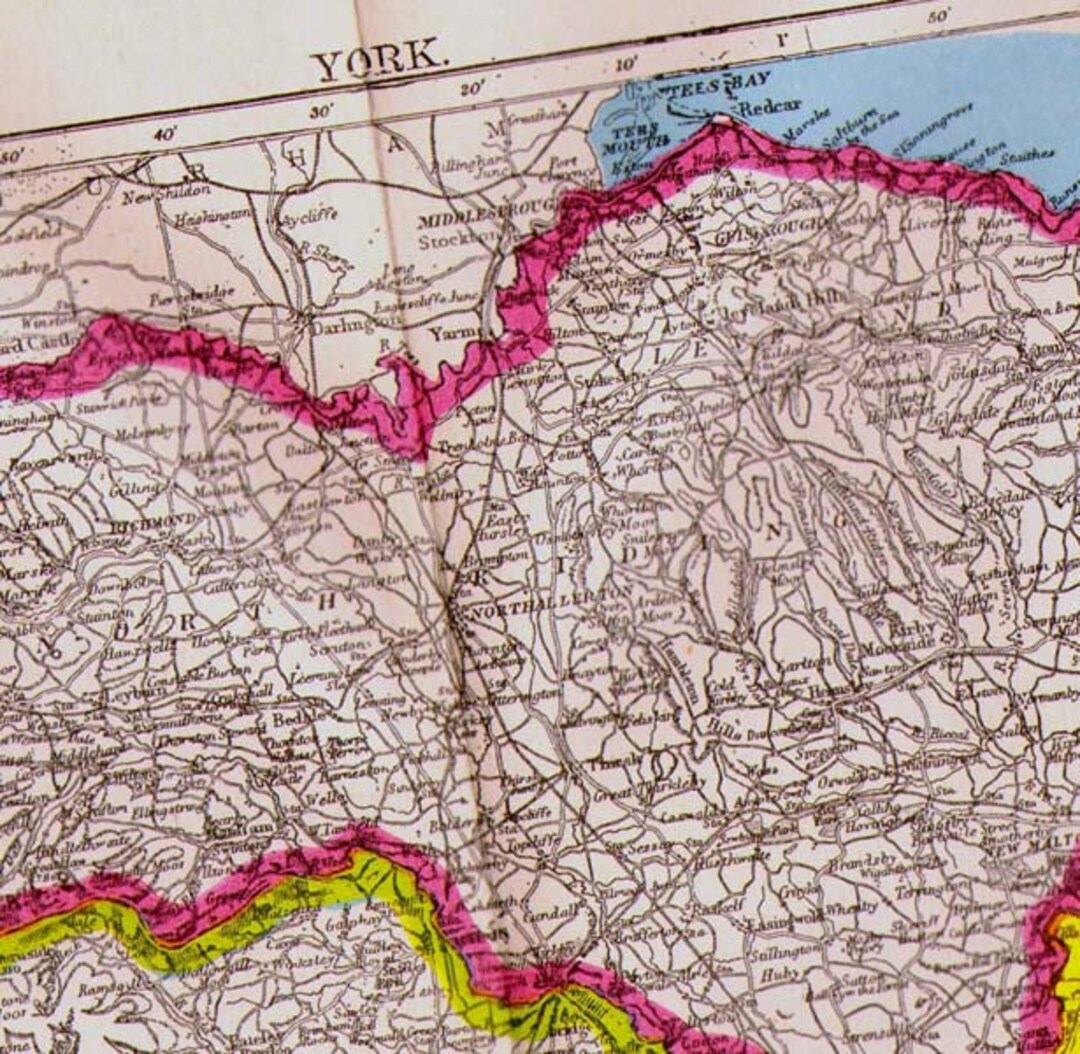 York County England Map Antique Copper Engraving Vintage European ...