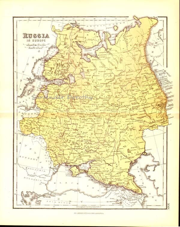 Russia Map 1871 Vintage Victorian Lippencott Antique Copper Engraving ...