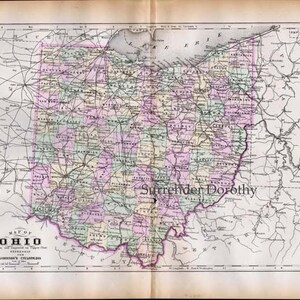 Ohio Map 1896 Copper Engraved USA State Antique Victorian Cartography ...