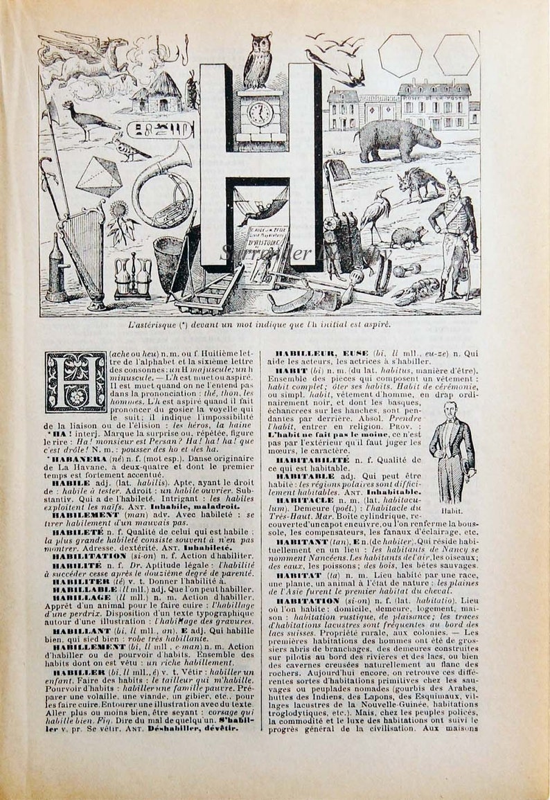 Letter H French Dictionary Alphabet Chart Paris France to Frame Black ...