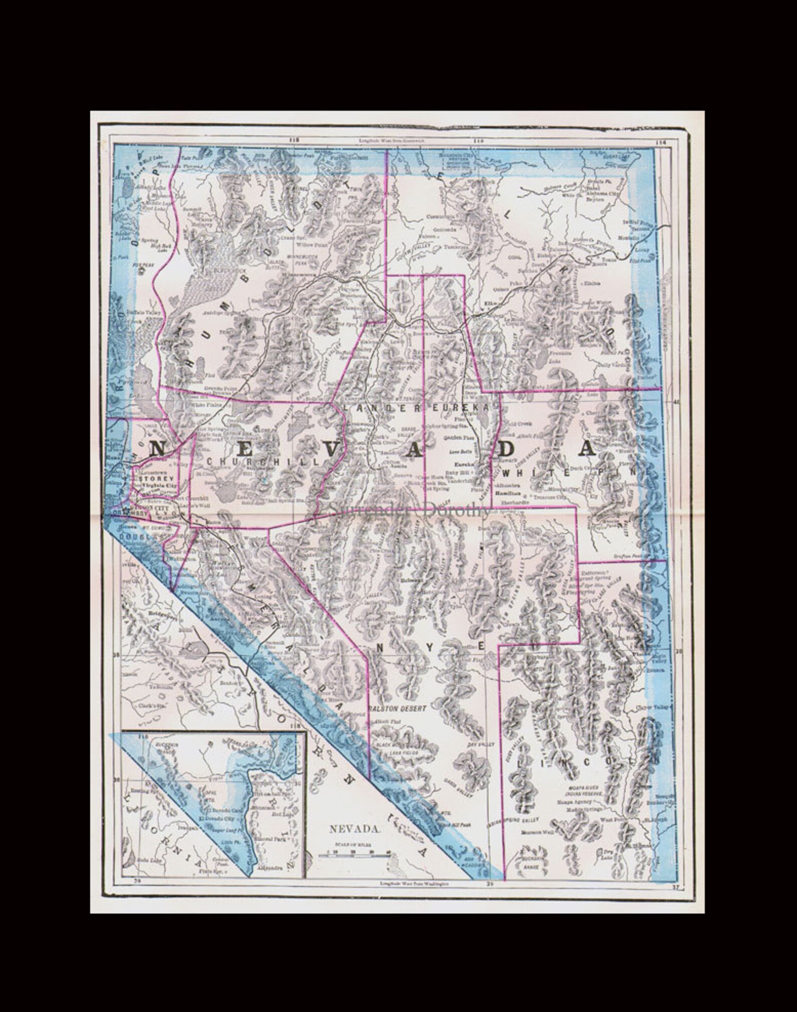 Nevada Map USA State Shoshone Indian Reservations Large Antique Copper ...