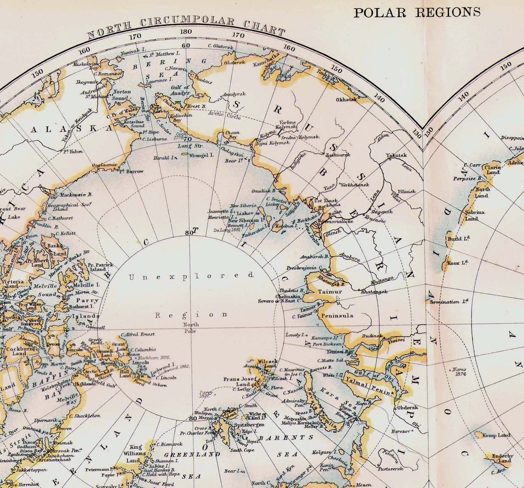 North South Pole Polar Regions Aquatint Map Large Antique Copper ...