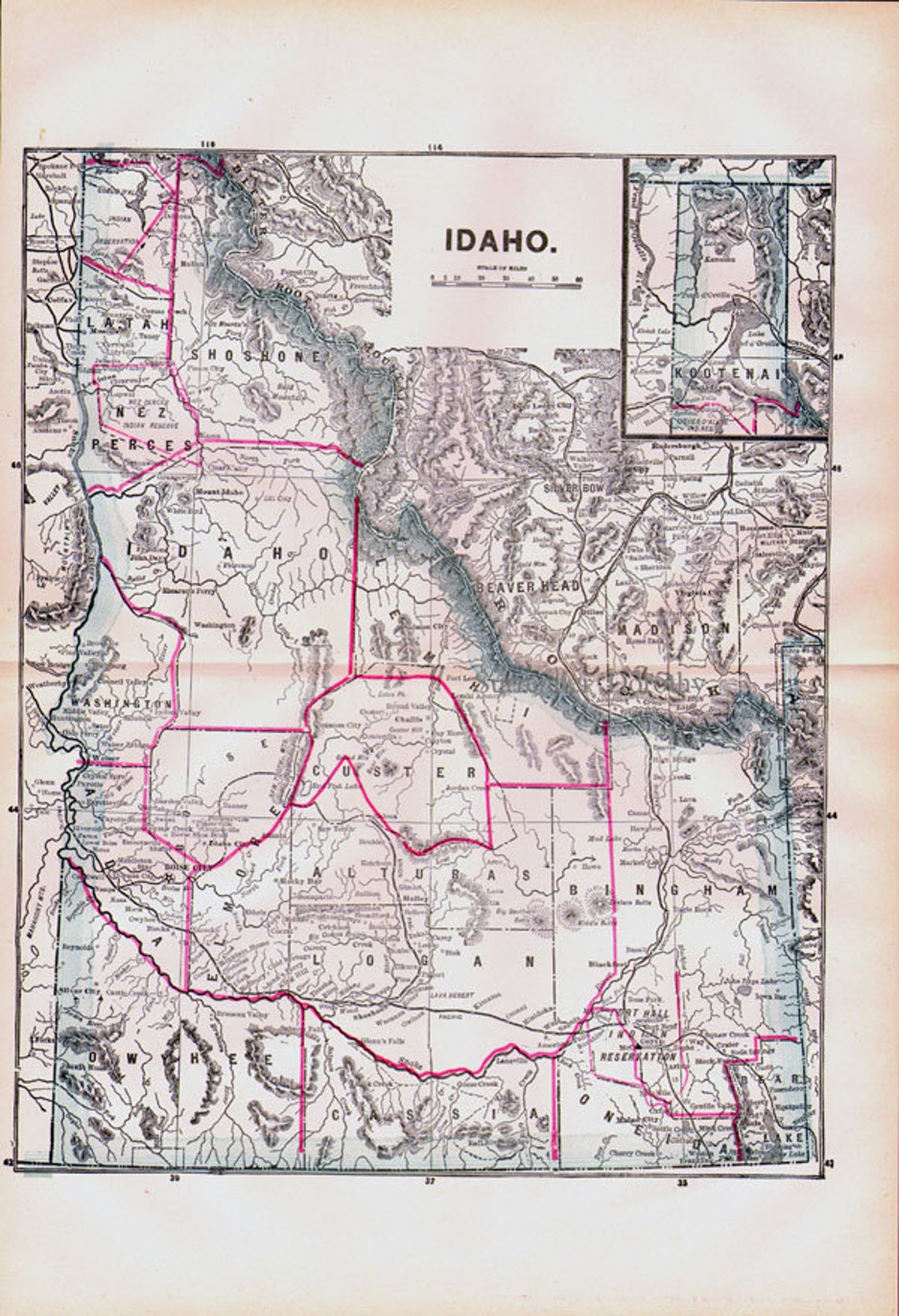 Idaho USA State Map Indian Reservations Antique Copper Engraved North ...