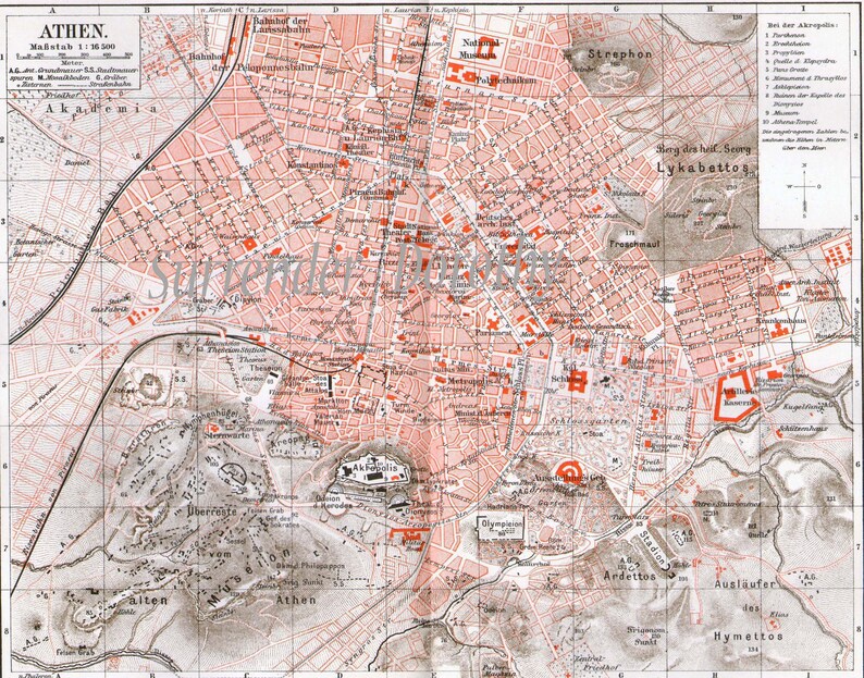 Athens Greece Map 1887 Antique Steel Engraved Cartography European City ...