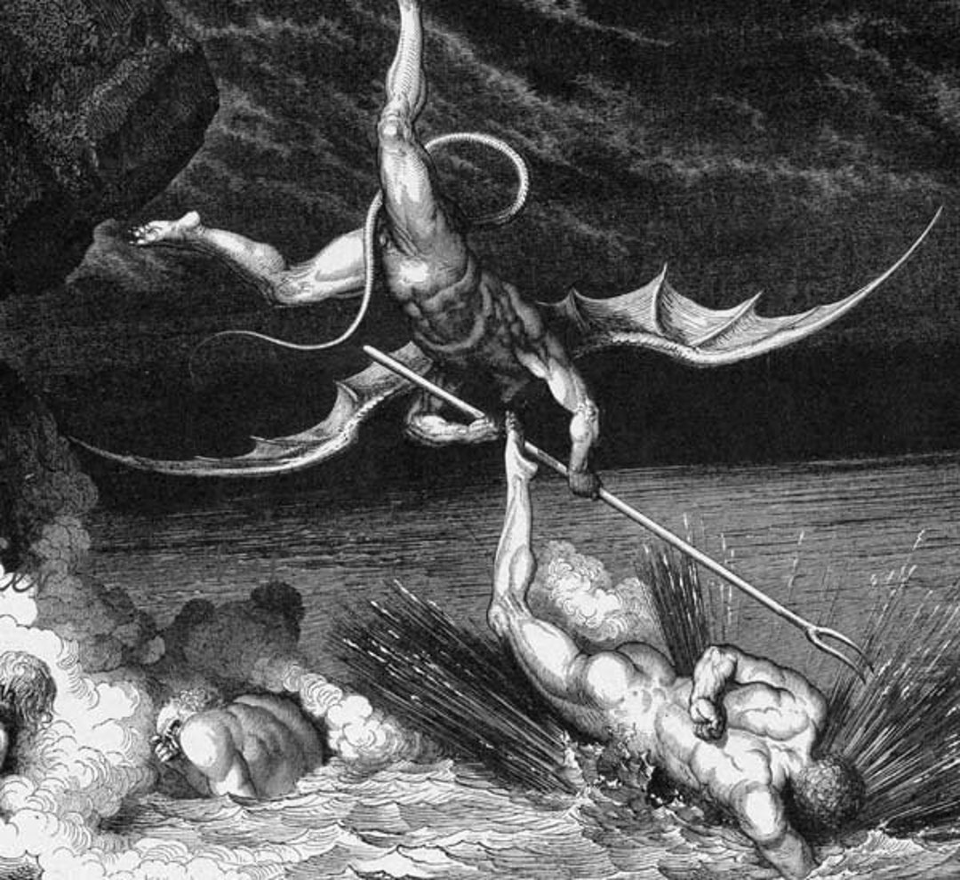 Alichino & Calcabrina Grapple Above Pitch Vintage Gothic Engraving ...