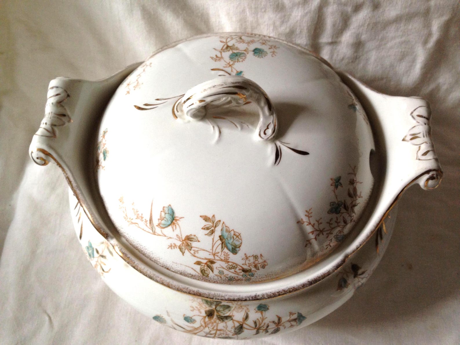 Covered Soup Tureen Waterloo Potteries Aqua Flowers Transfer Ware Gold ...