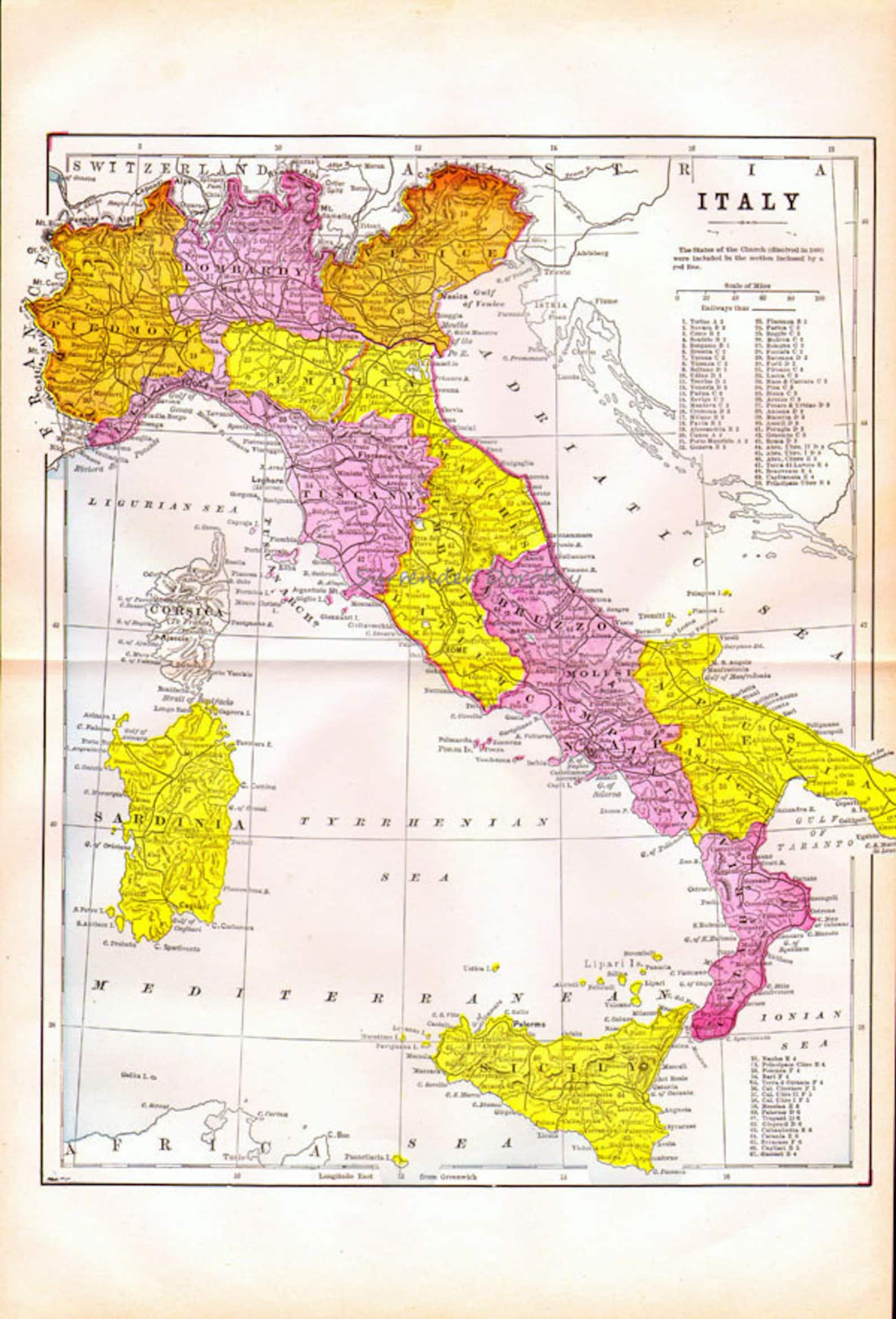 Italy Map Antique Copper Engraving Vintage European Cartography 1892 ...