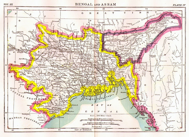 Bengal Assam India Map Antique Copper Engraving Vintage Asian ...