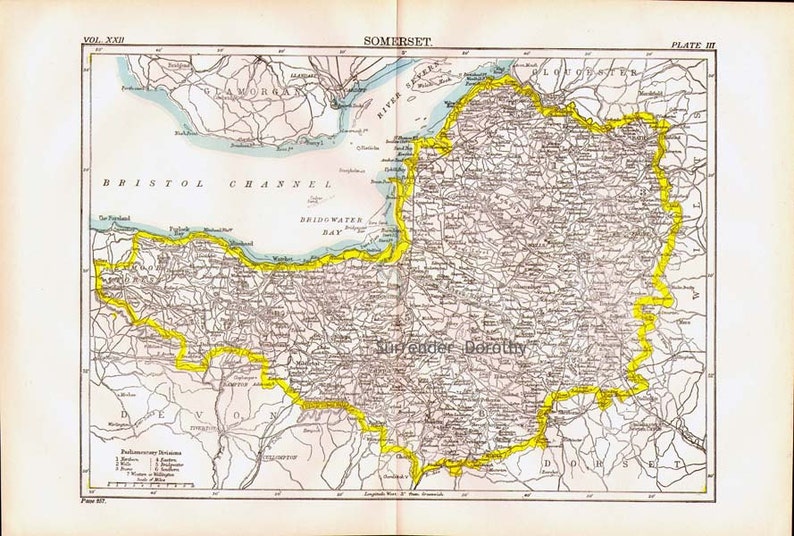 Somerset County England Map Antique Copper Engraving Vintage European ...