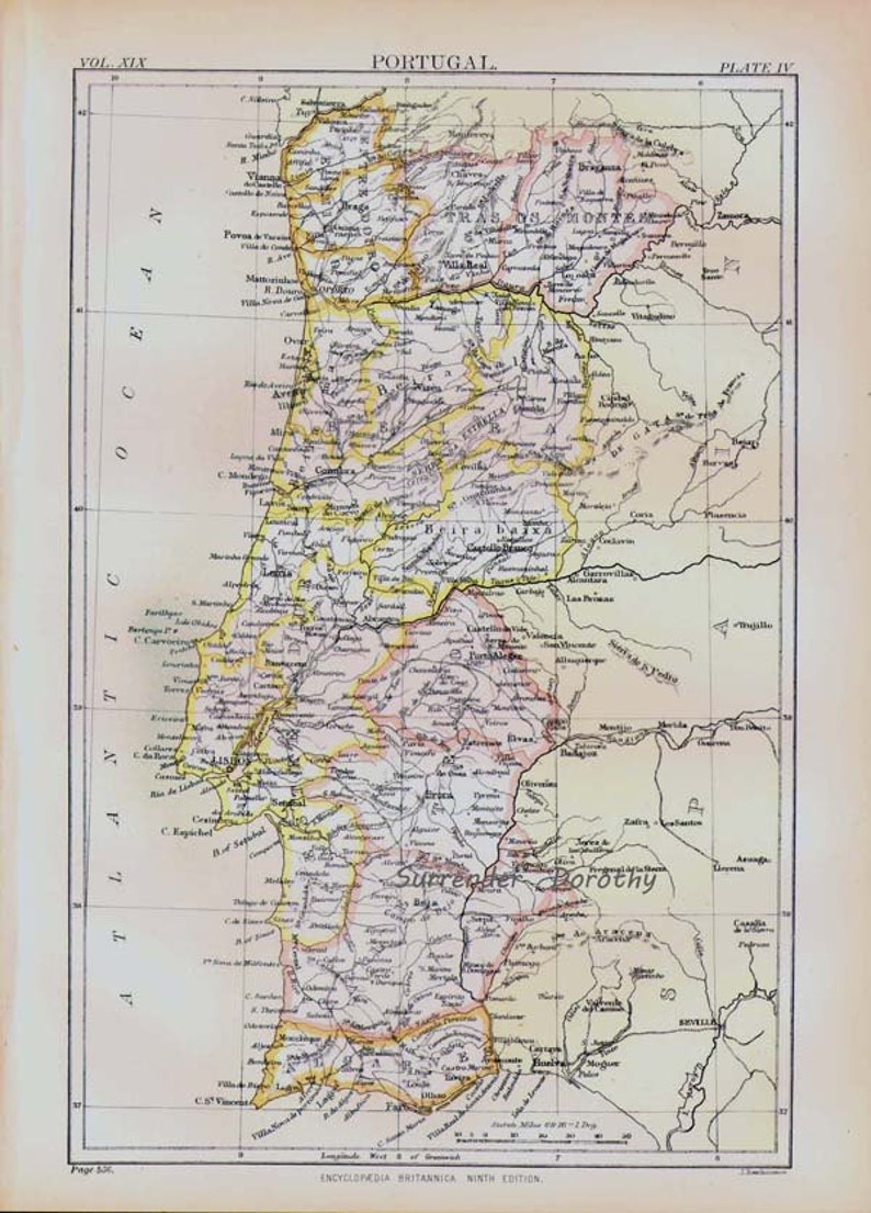 Portugal Map Antique Copper Engraving European Cartography 1892 Vintage ...